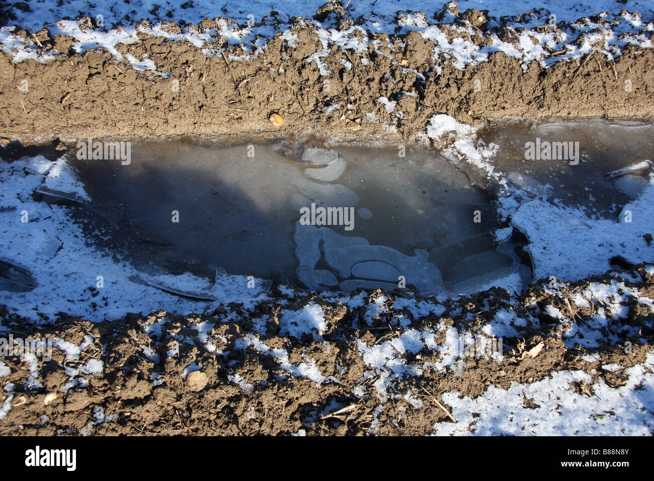 ice snow field farm crop winter scene cold pattern tractor tracks rut ...