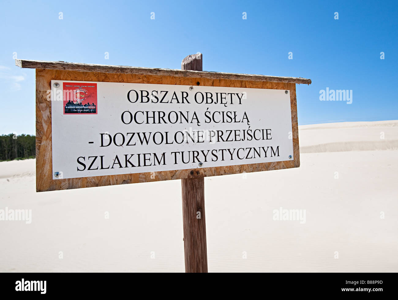 Sign not to enter conservation area of Lacka Gora dunes Slowinski ...