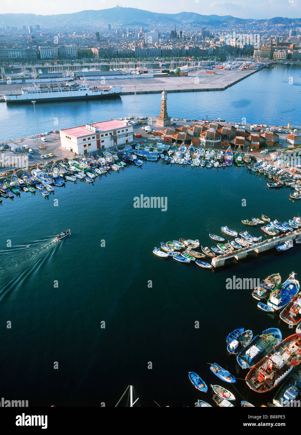 Overview of boats docked in Barcelona Harbour on Mediterranean Sea ...