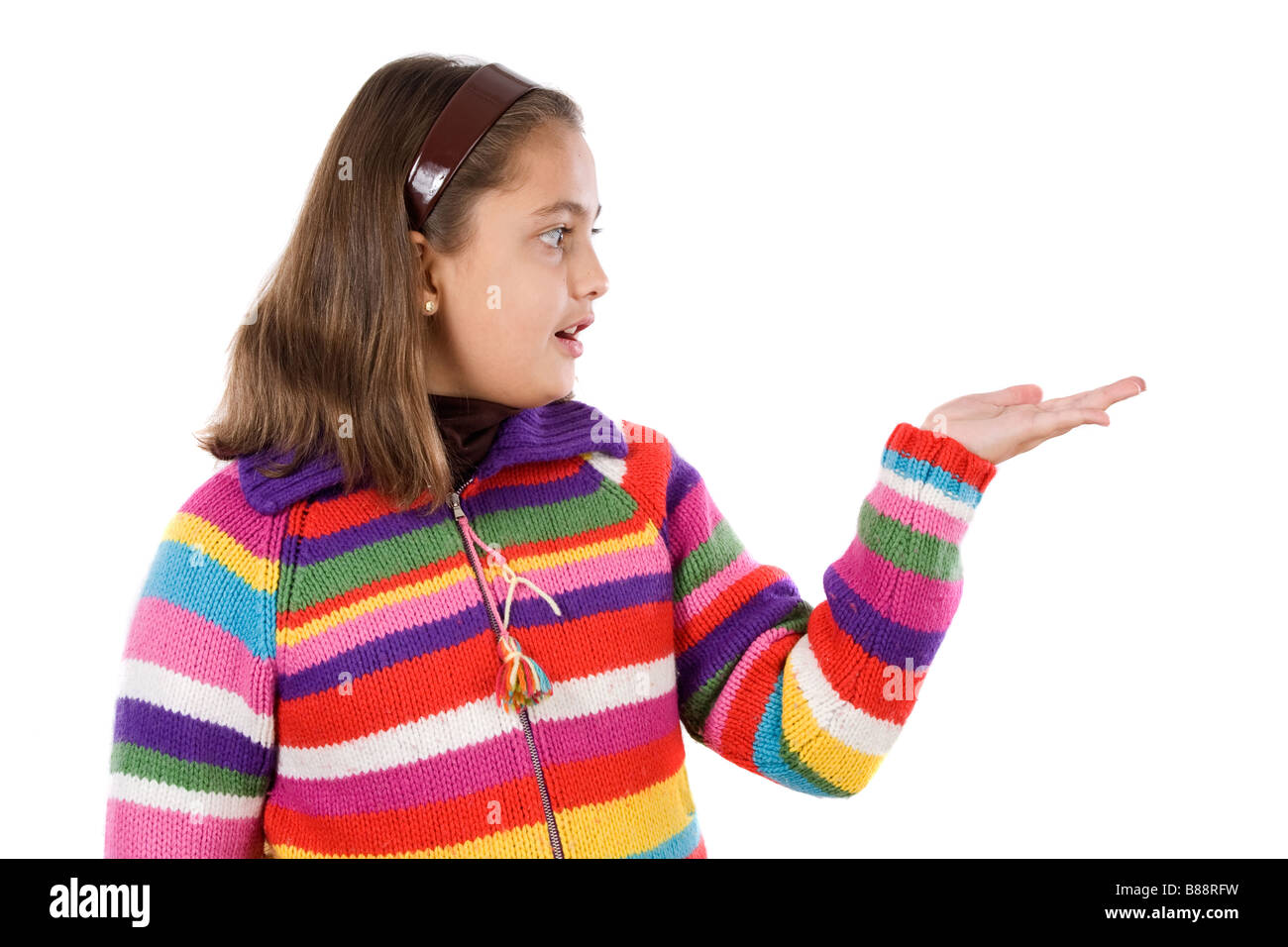 Beautiful girl with the outstretched hand on a white background Stock ...