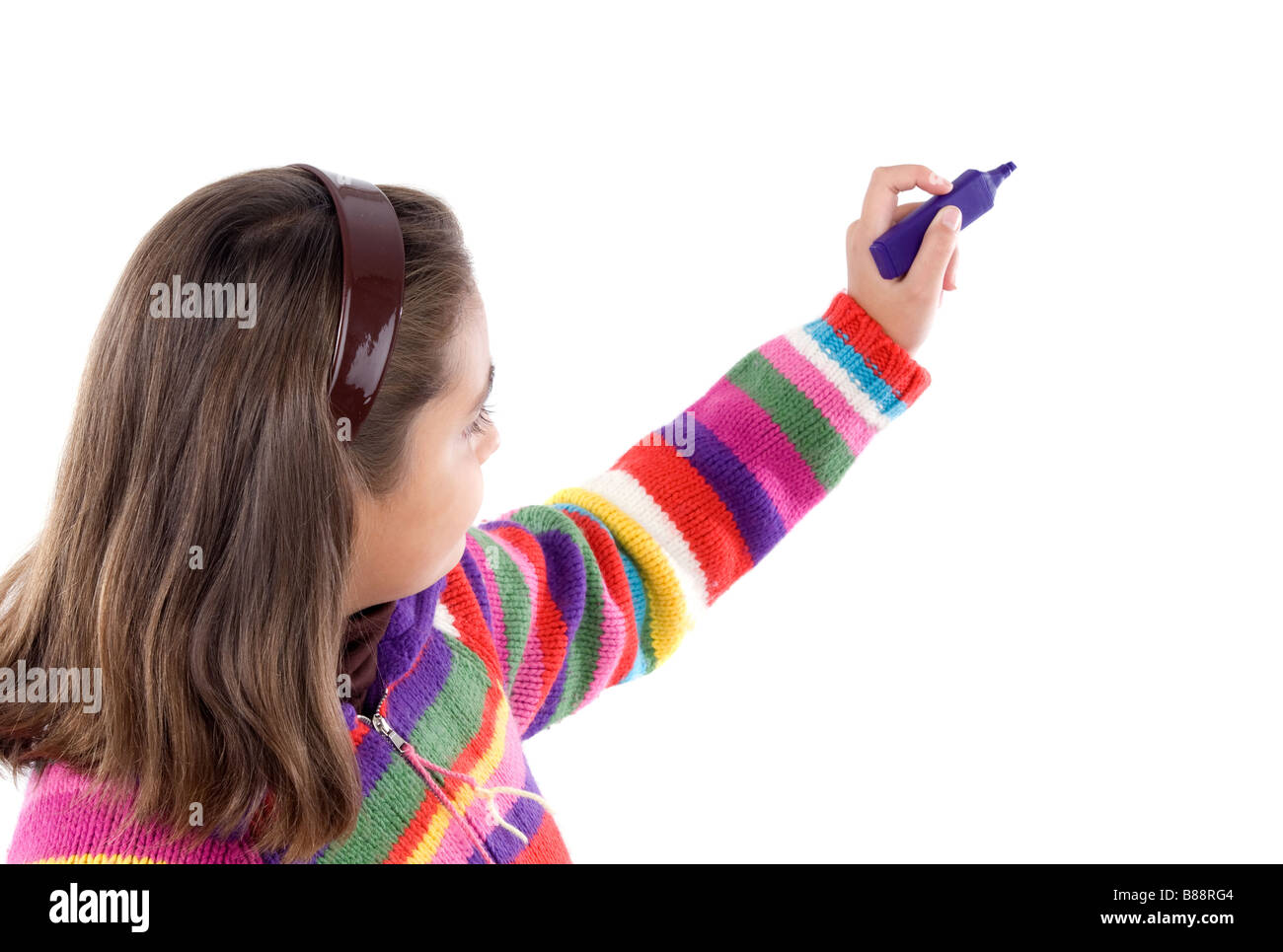 Adorable girl writing with fluorescent on a over white background Stock ...