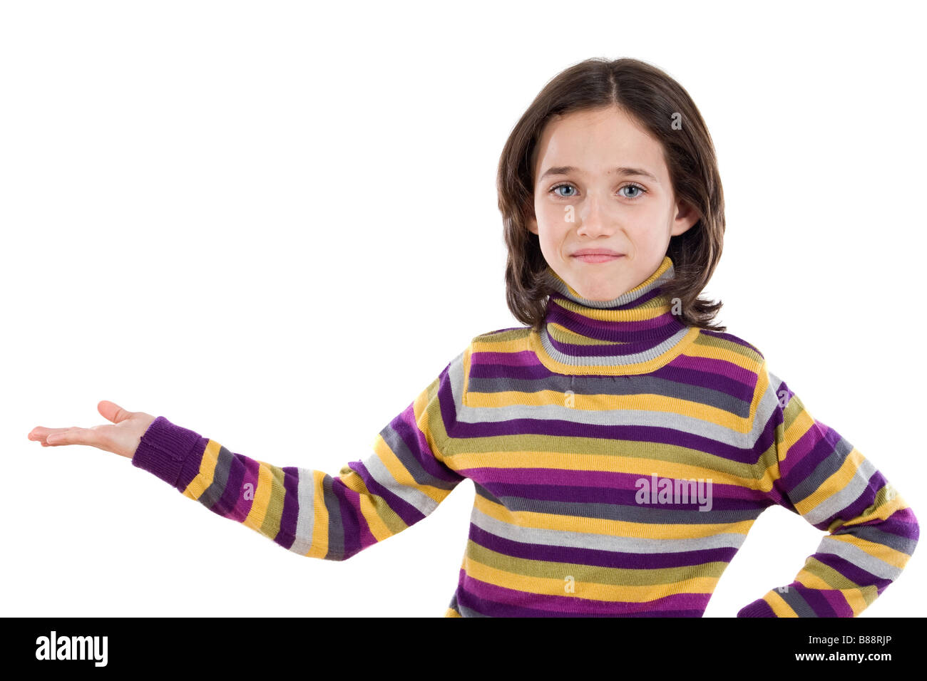Beautiful girl with the outstretched hand on a white background Stock ...