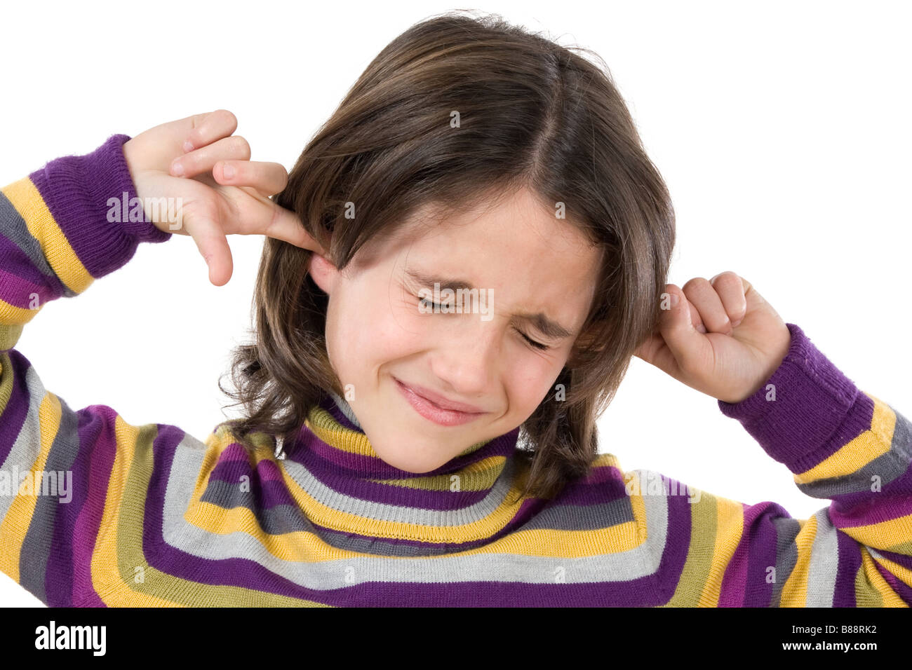 Pretty girl covering her ears on a over white background Stock Photo ...