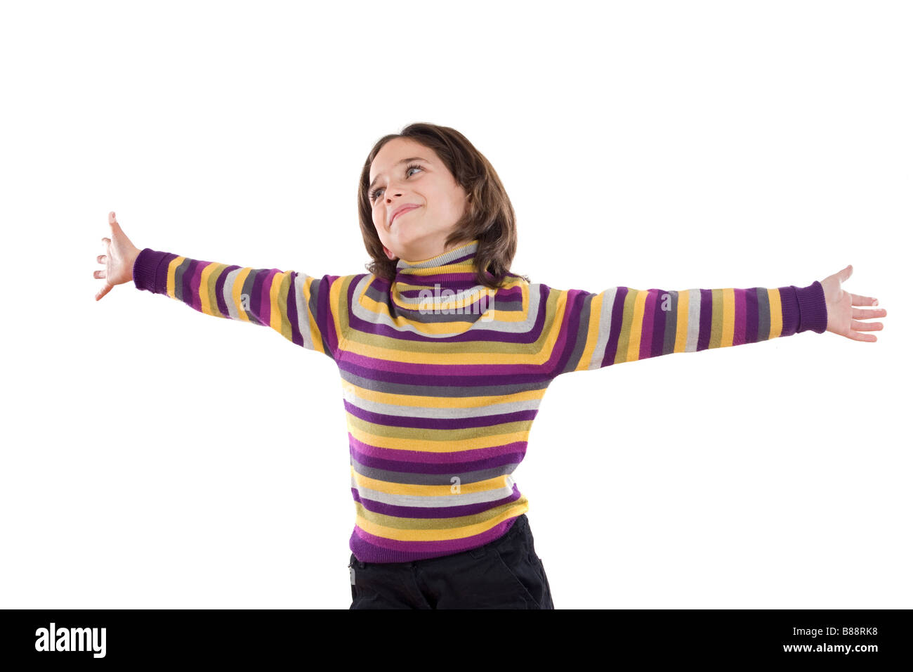 Beautiful girl with the outstretched arms on a white background Stock ...