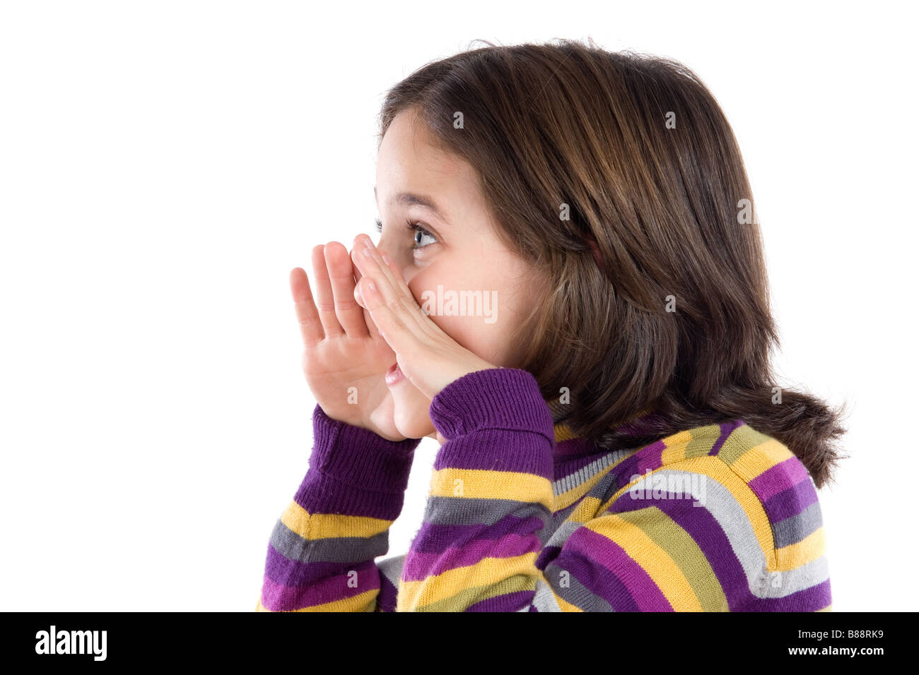 Beautiful girl whispering a secret on a white background Stock Photo ...