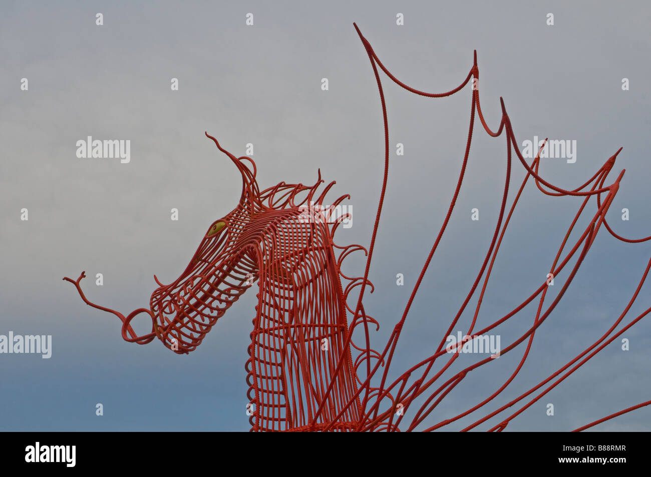 Red Steel Dragon sculpture on a roundabout in Carmarthen town Wales ...