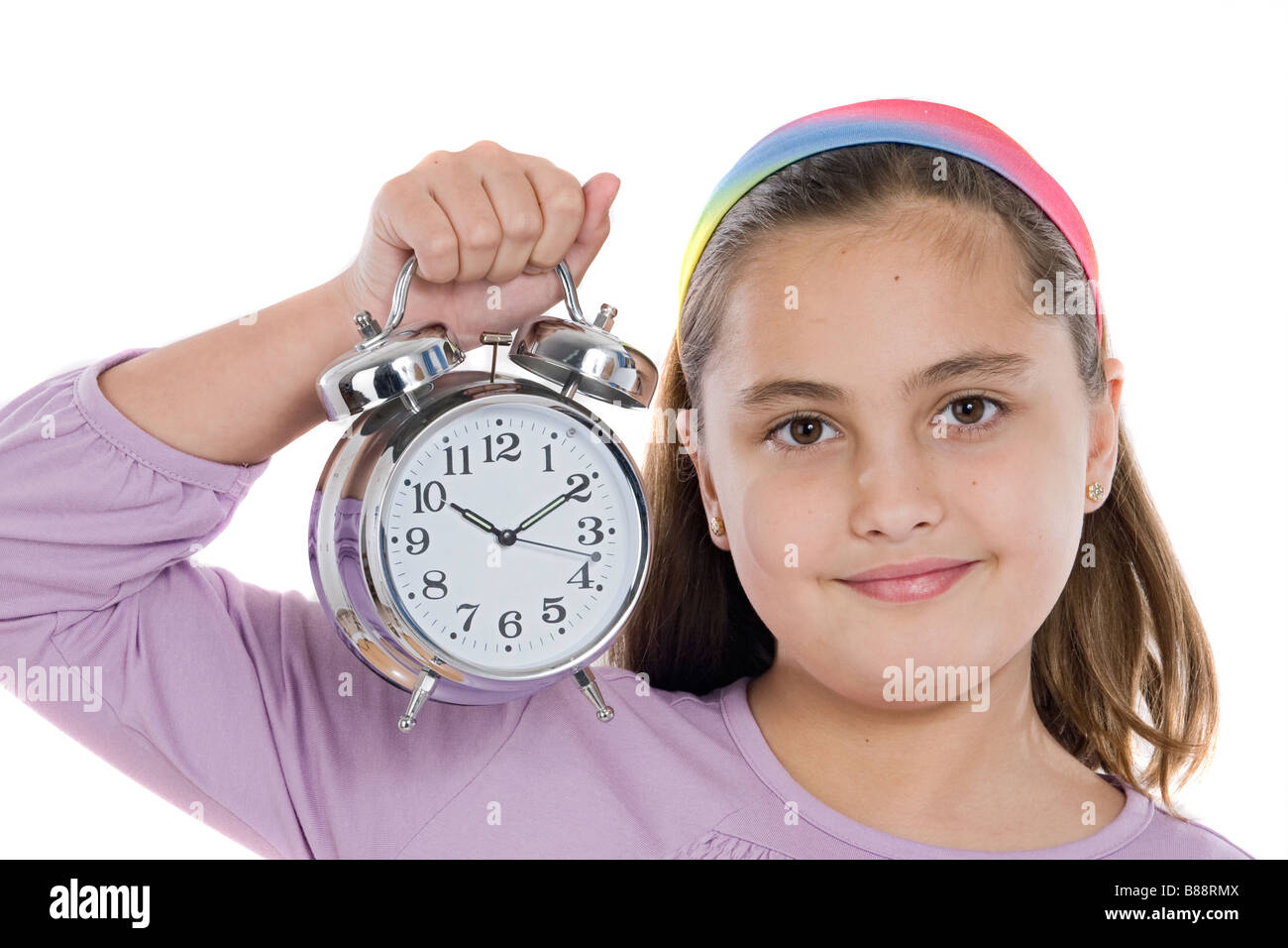 Beautiful girl with clock on a over white background Stock Photo - Alamy