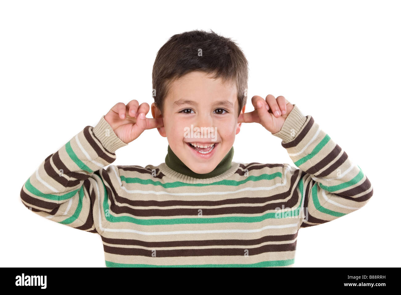 Adorable child stoppering his ears on a over white background Stock ...