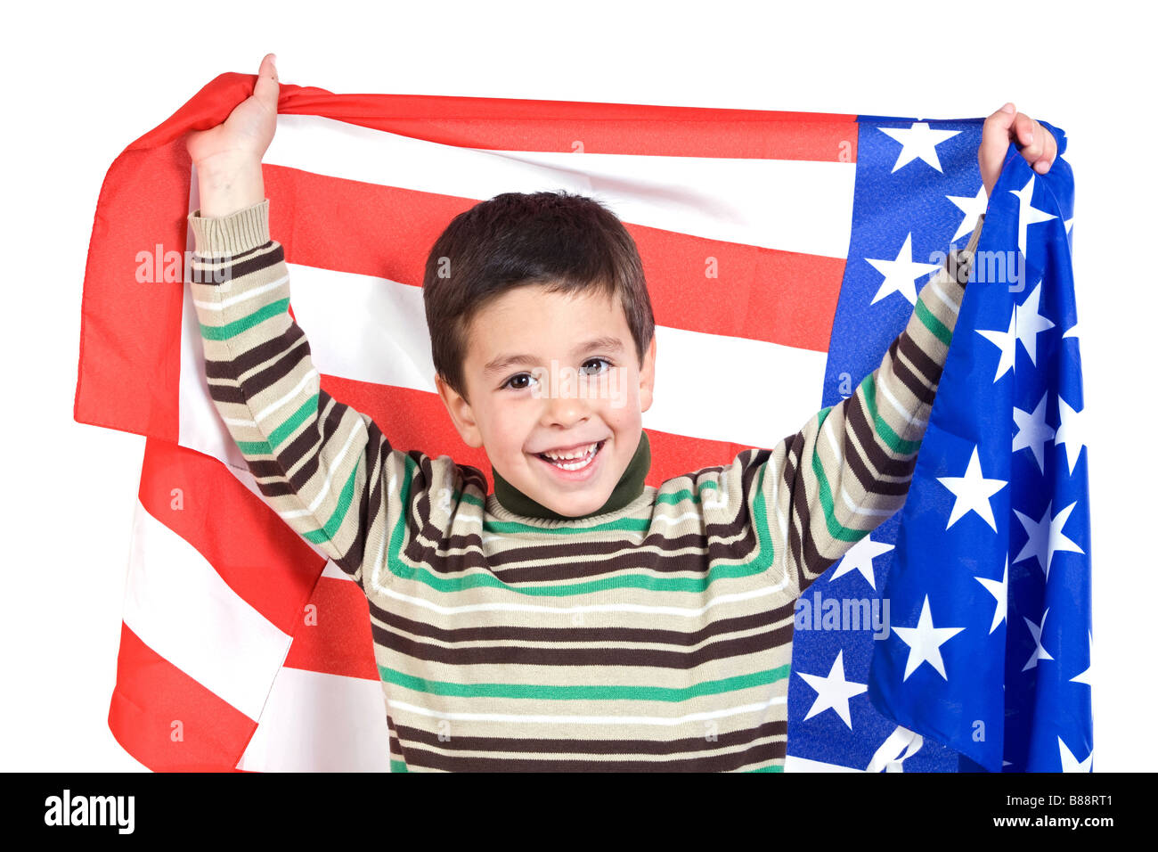 Adorable boy with american flag isolated over white Stock Photo - Alamy