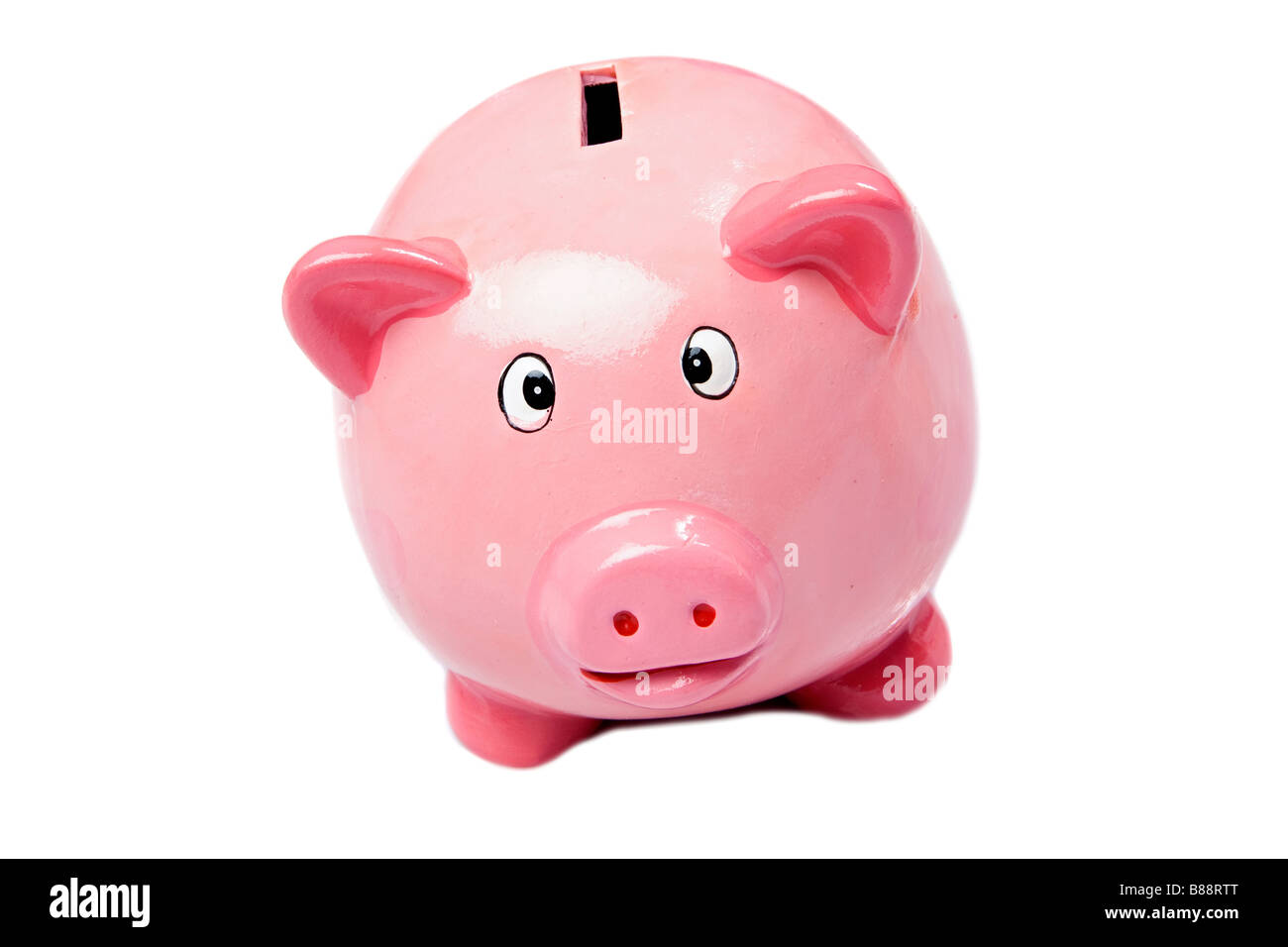 Pink money box a over white background Stock Photo - Alamy
