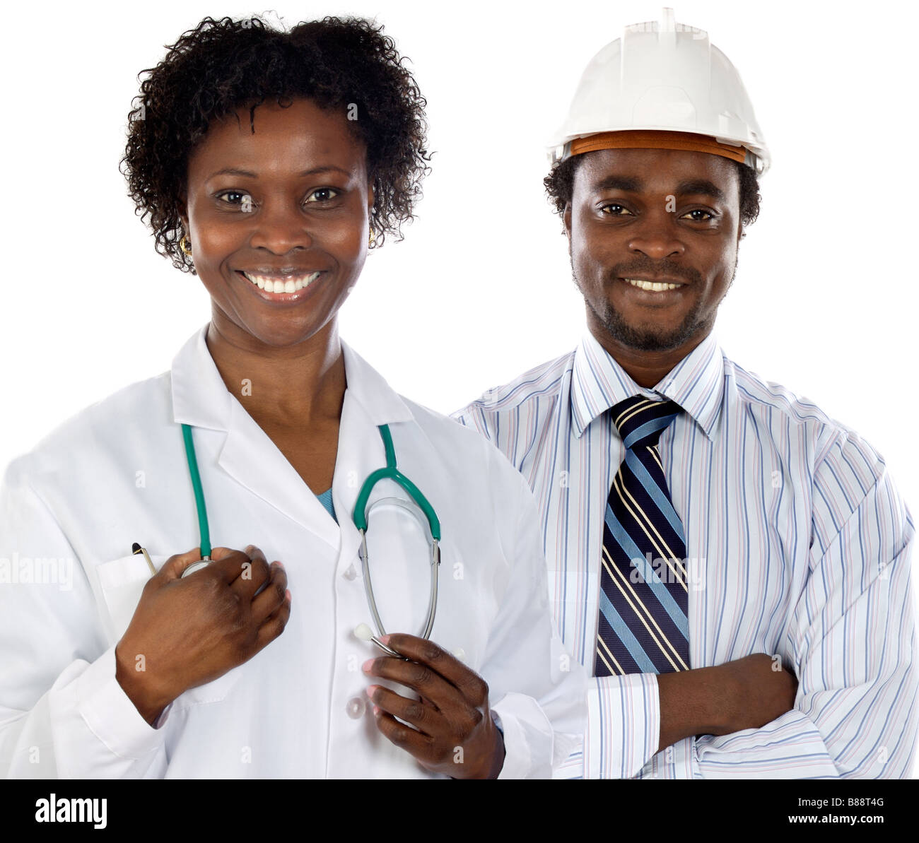 Couple of african americans doctor and engineer a over white background ...