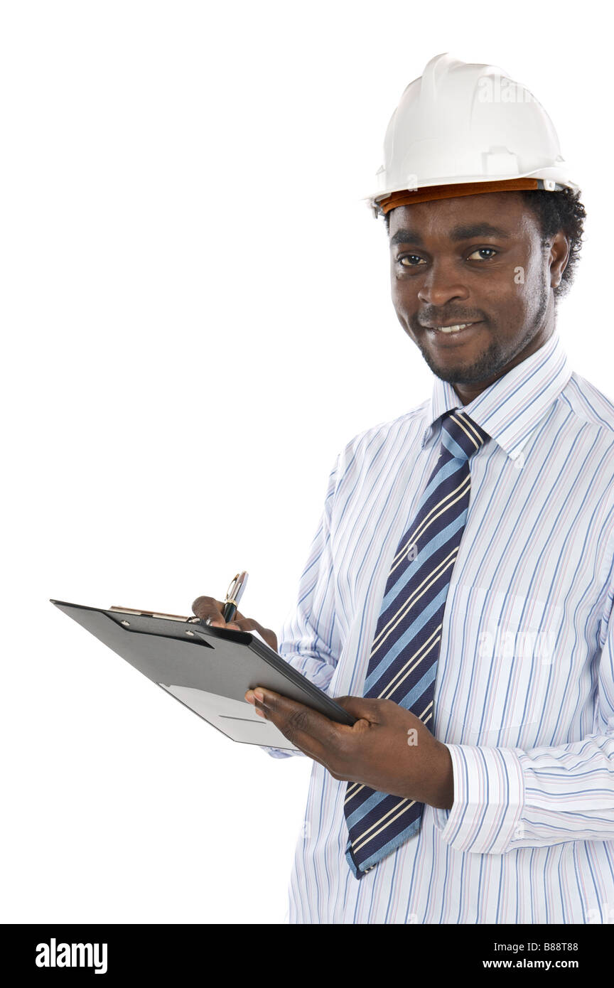 African american engineer a over white background Stock Photo - Alamy
