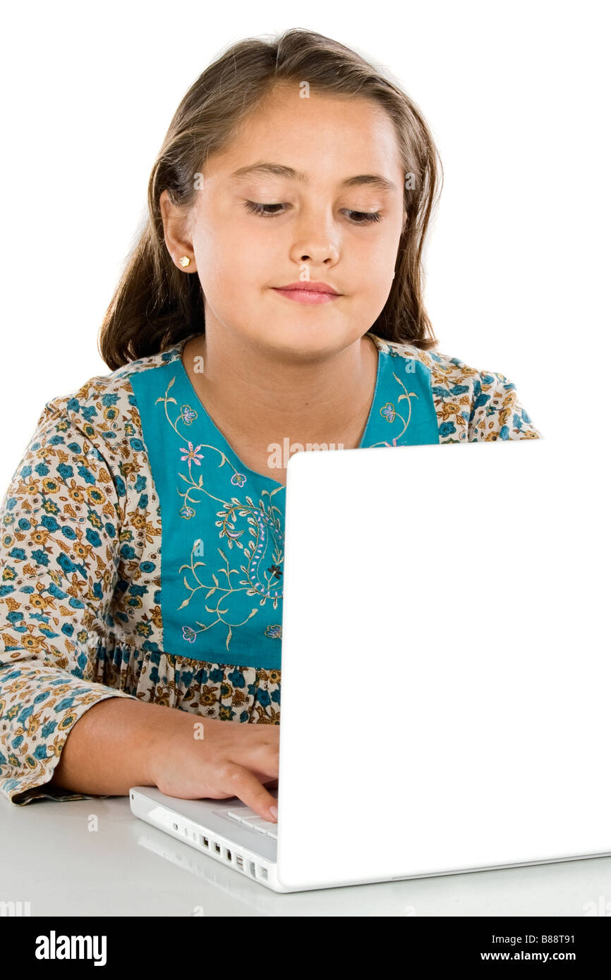 Beautiful girl with laptop a over white background Stock Photo - Alamy