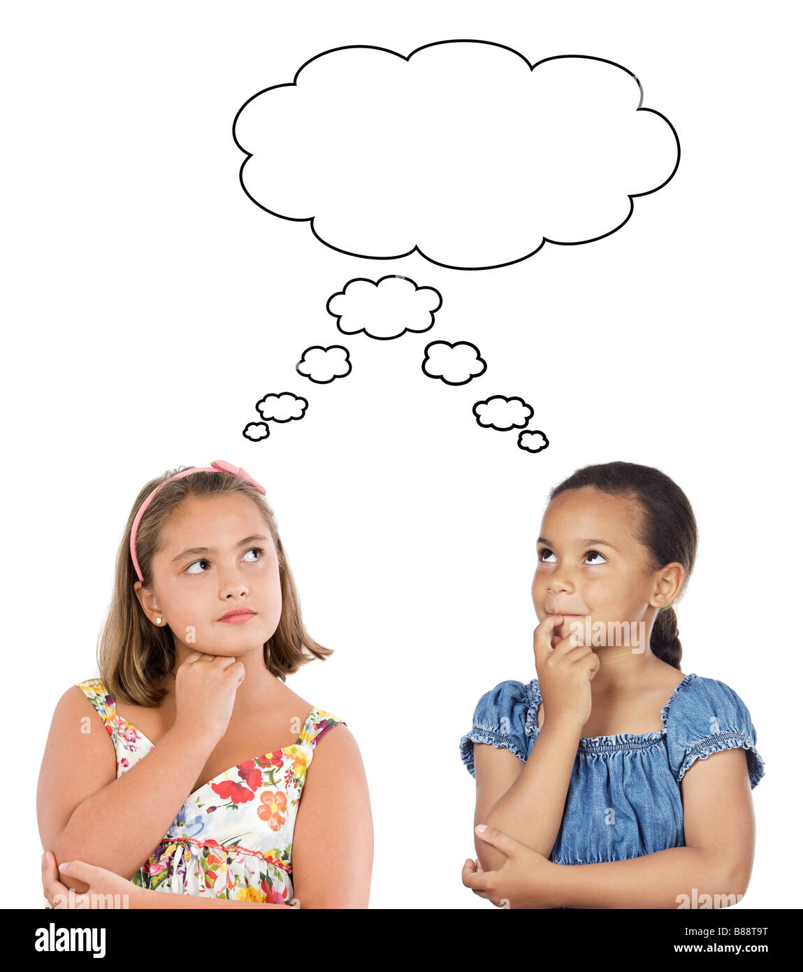 Two beautiful girls thinking a over white background Stock Photo - Alamy