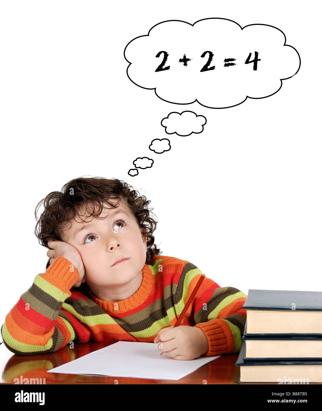 Student primary learning to add a over white background Stock Photo - Alamy