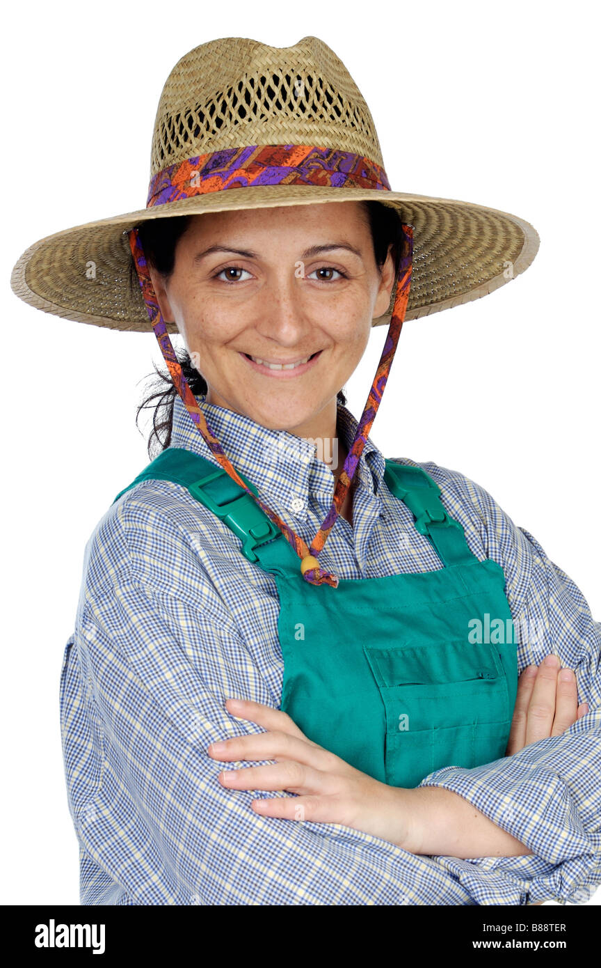 Beautiful woman gardener a over white background Stock Photo - Alamy