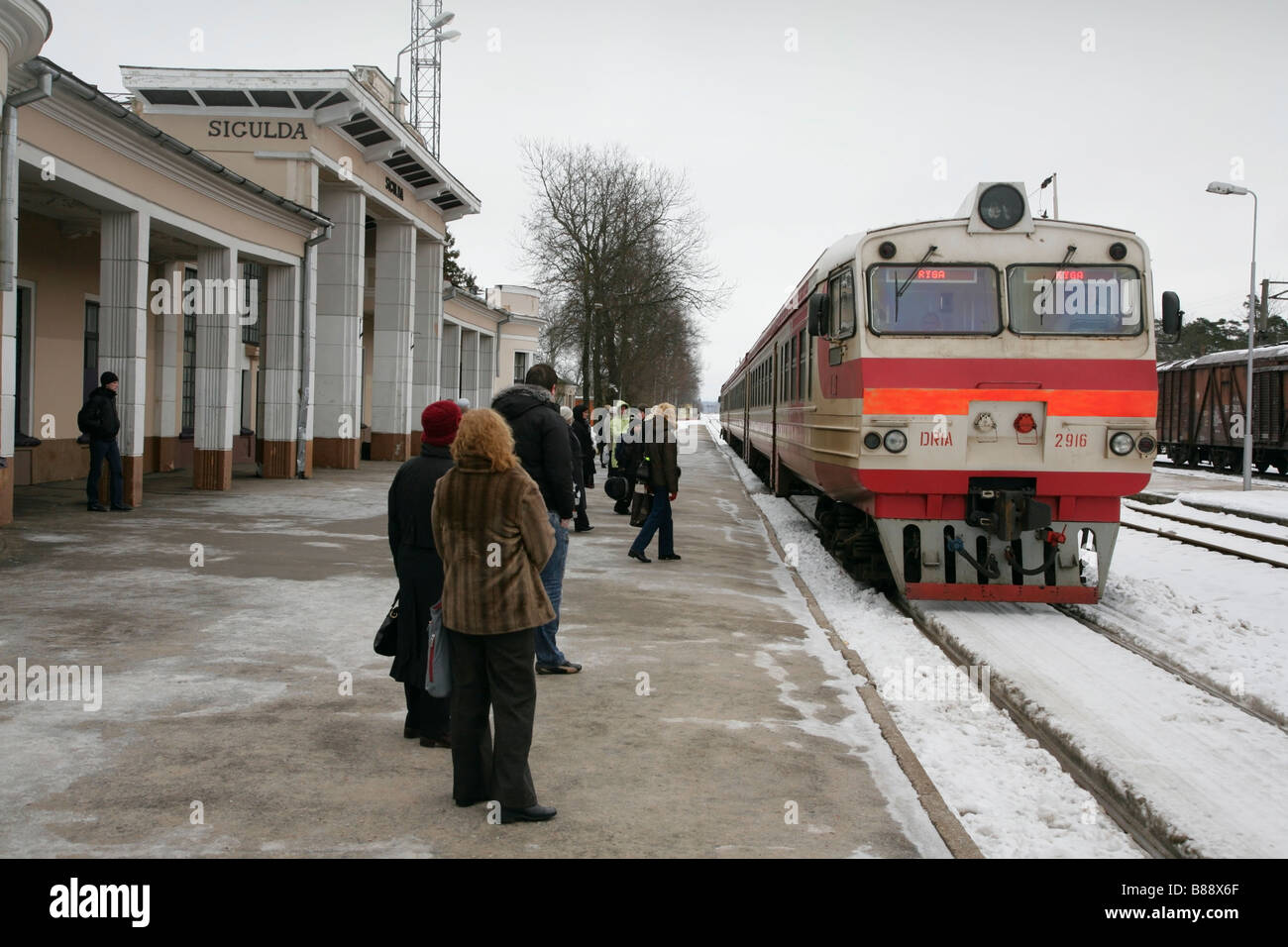 Latvian Railways train arriving at Sigulda station on its way to Riga ...