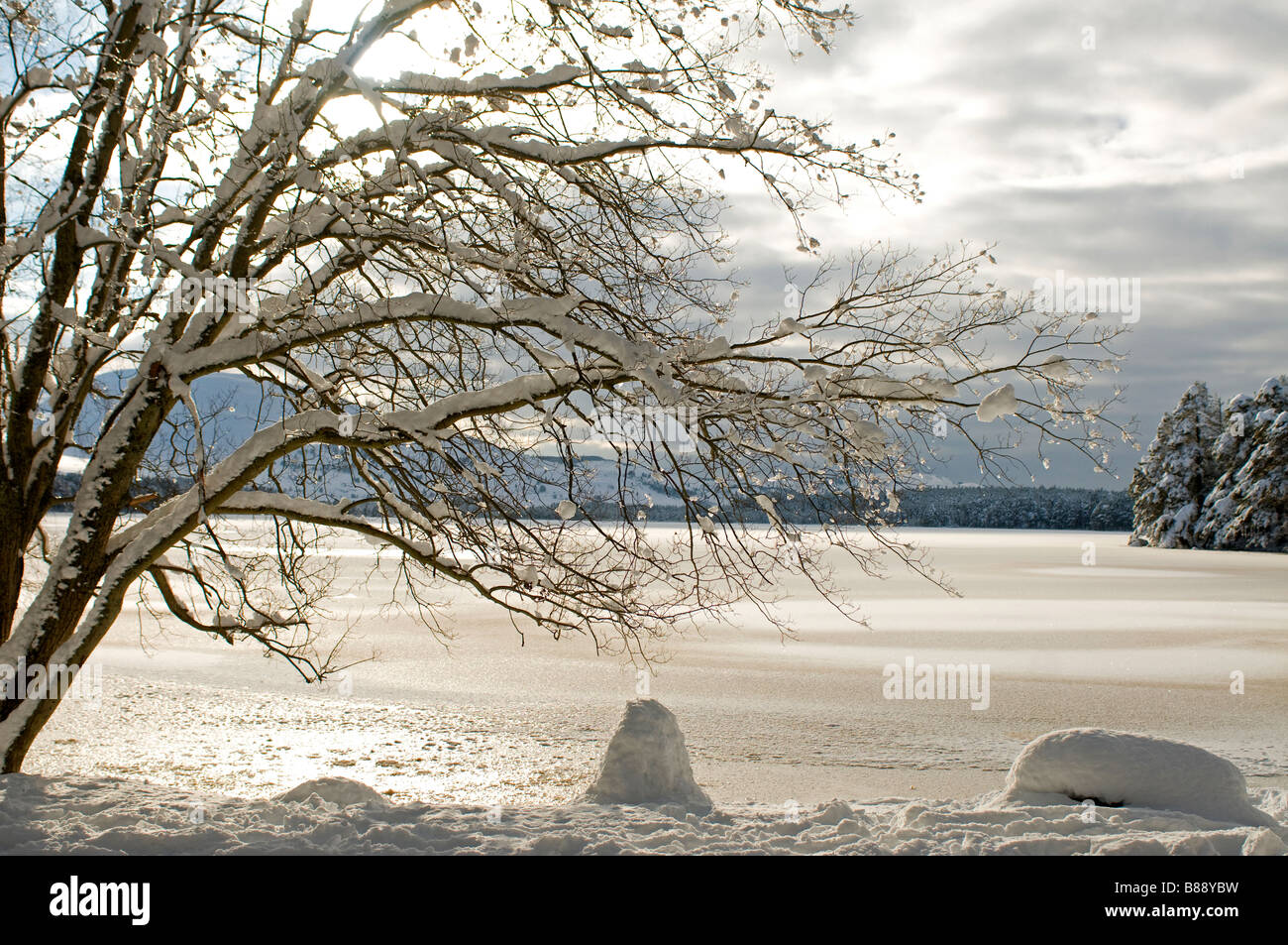 The Cairngorm mountains from frozen Loch Garten in the foothills of the ...