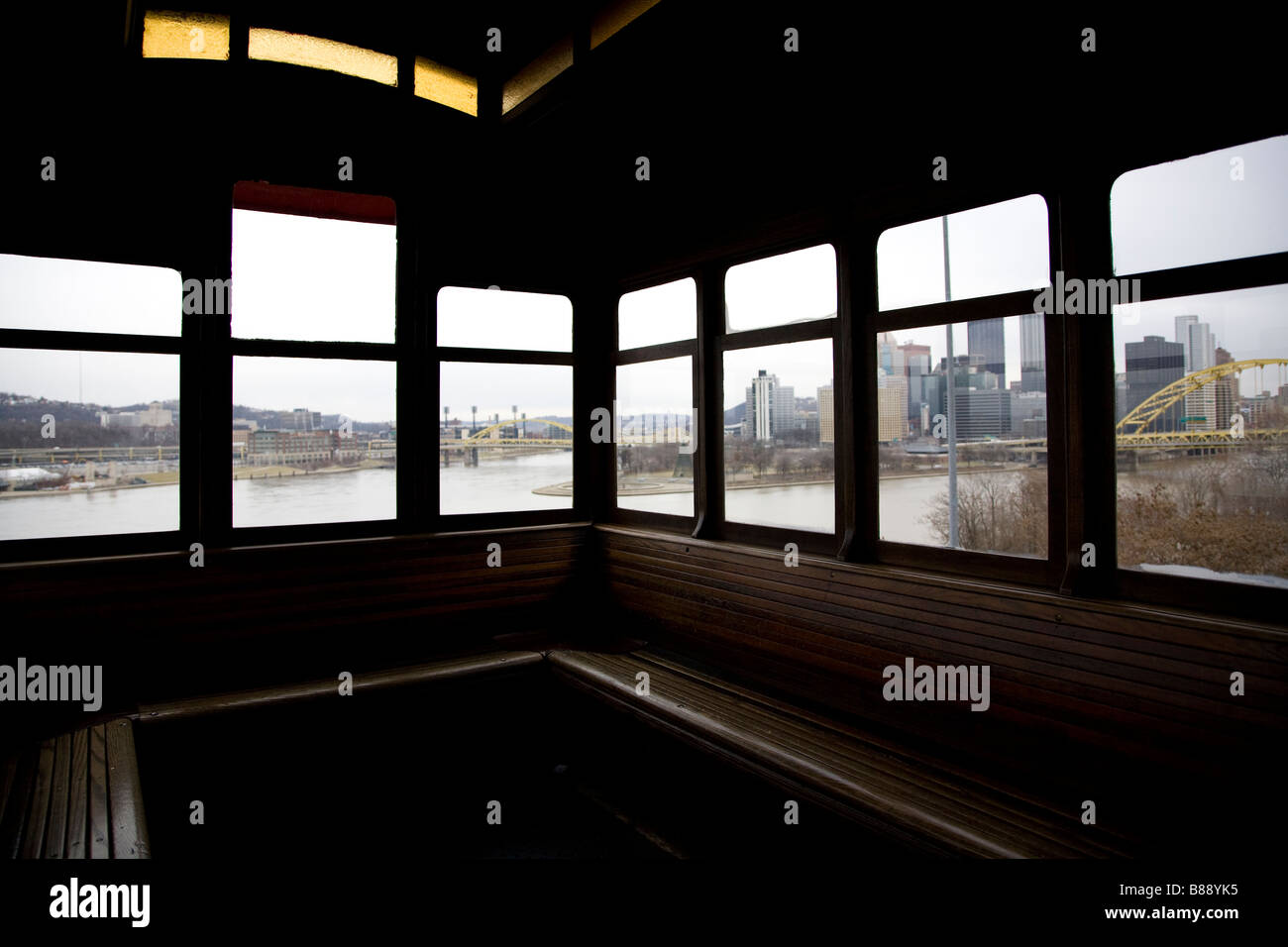 View of Pittsburgh from inside Duquesne Incline cable car Stock Photo ...