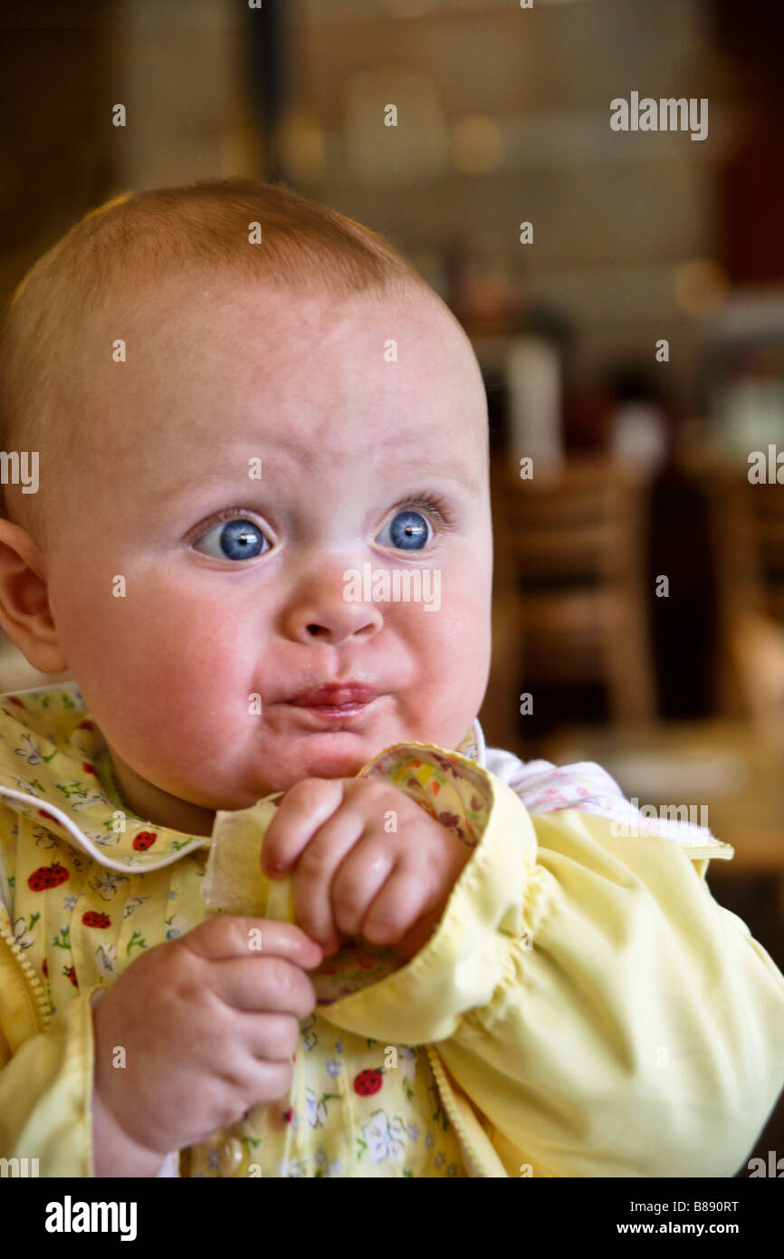 Baby age 9 months, eating a lemon. She has a comical surprised look on ...