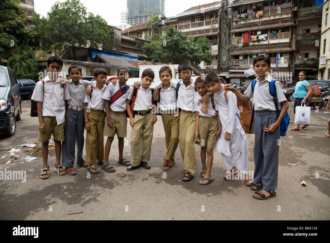 Indian school boys in the yard outside their block of flats after ...
