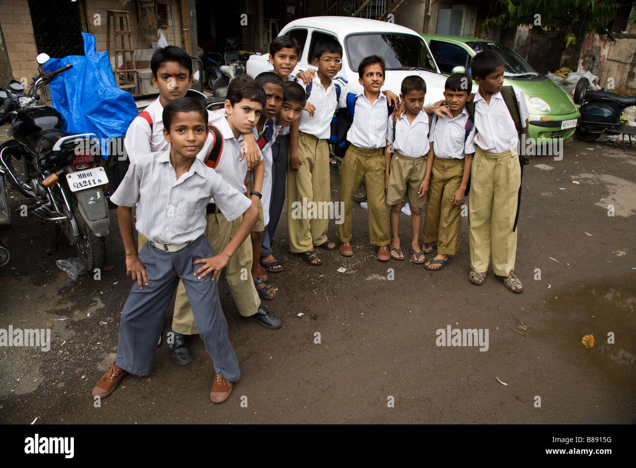 Indian school boys in the yard outside their block of flats after ...
