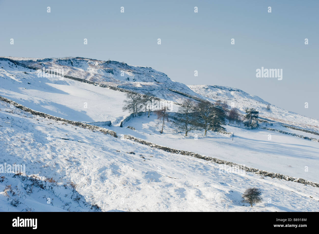 A snow covered moorland scene lit by the evening sun Stock Photo - Alamy