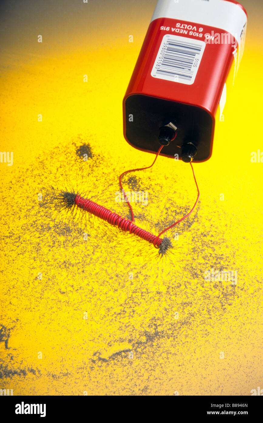 Electromagnet made with wire wrapped around steel nail, connected to ...