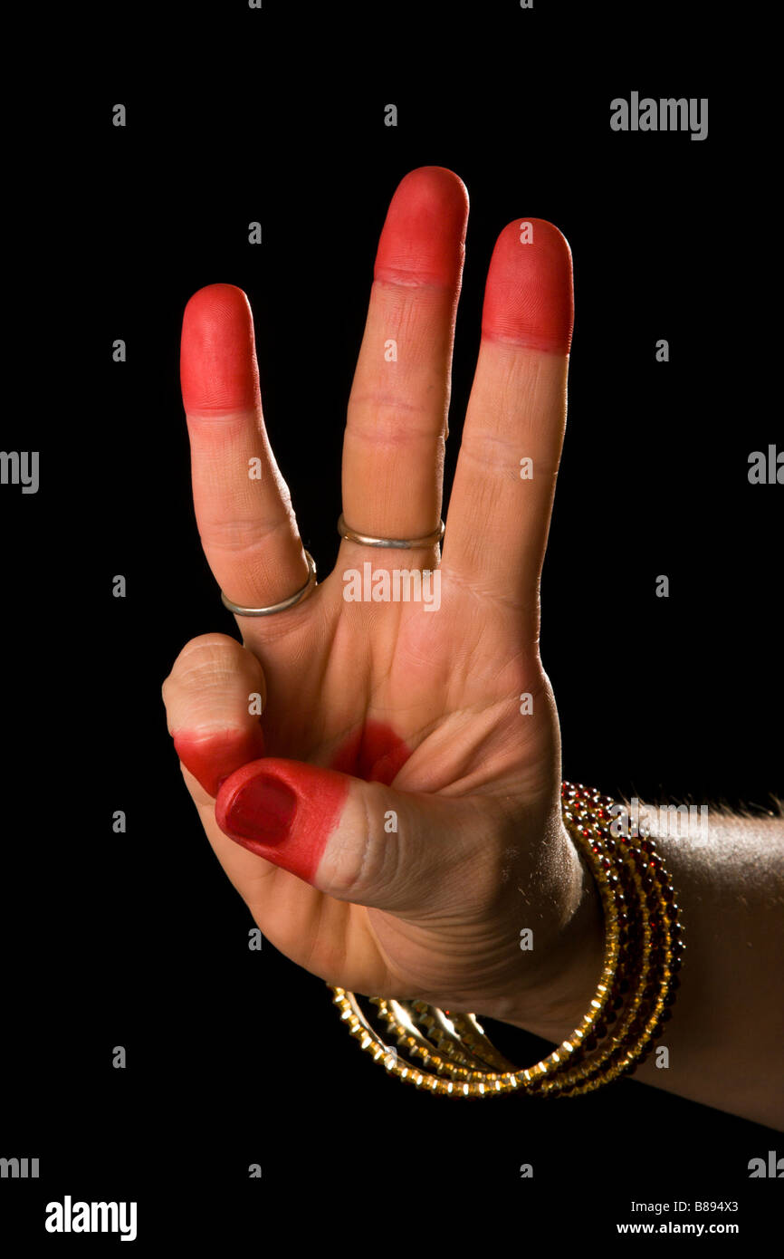 Woman hand showing Thishul hasta (hand gesture also called mudra ...