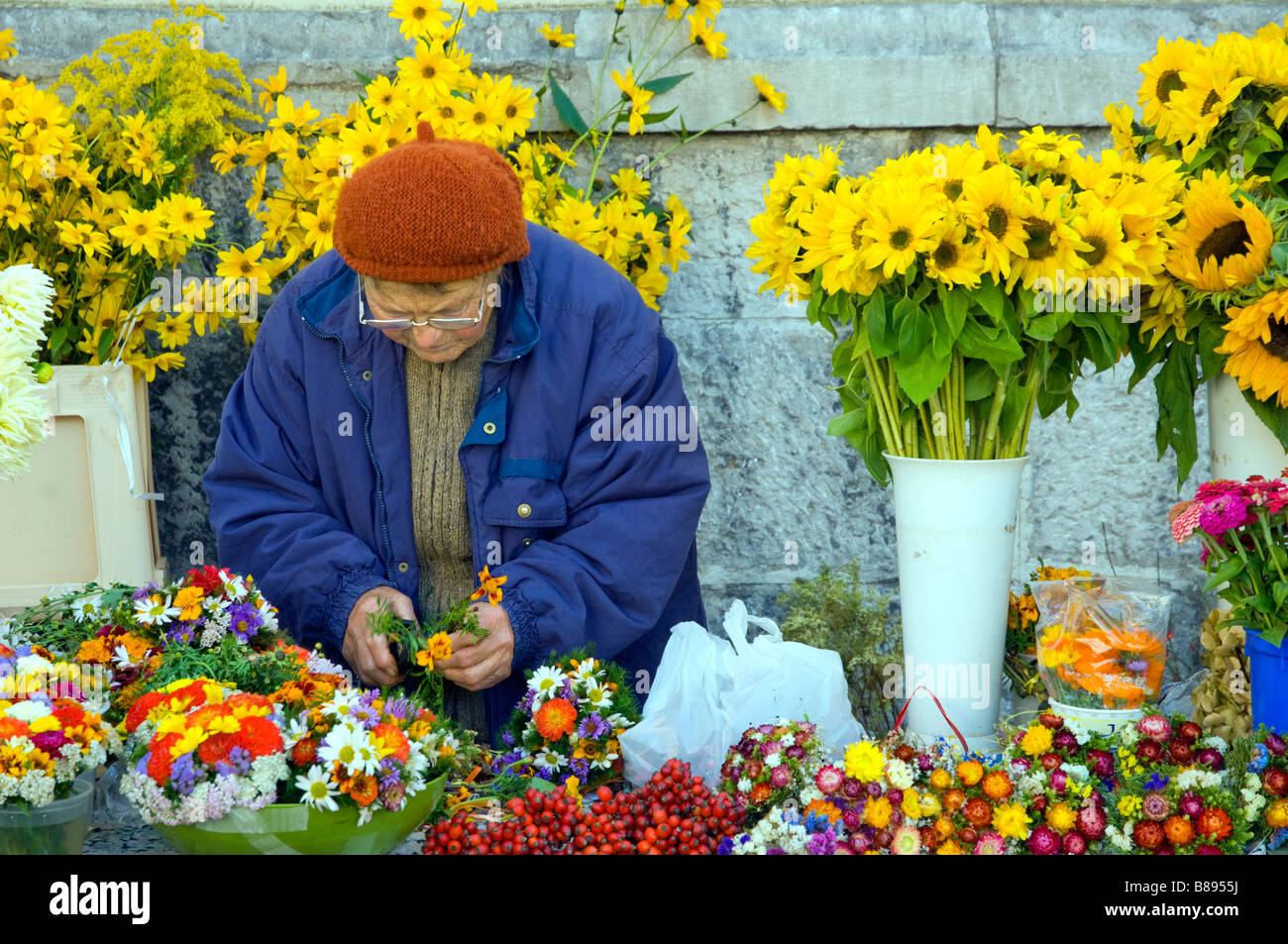 A lady selling flowers at an outdoor Ljubljana flower market Stock ...