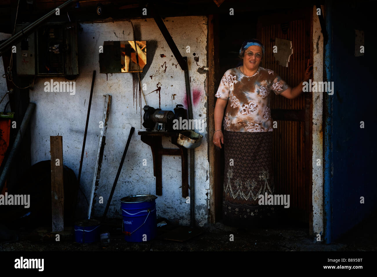 A Turkish woman in a doorway in a workplace at Fethiye in Turkey Stock ...