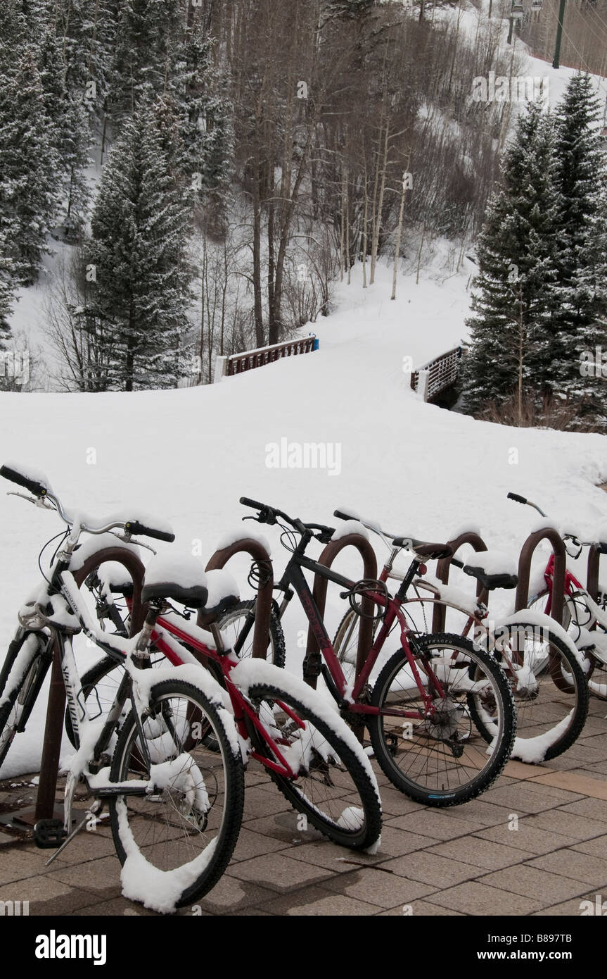 Snow covered bikes outside lower Gondola Station, Telluride, Colorado ...