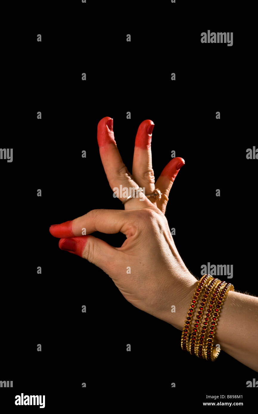 Woman hand showing Hamsasyo hasta (meaning swan beak) of indian classic ...