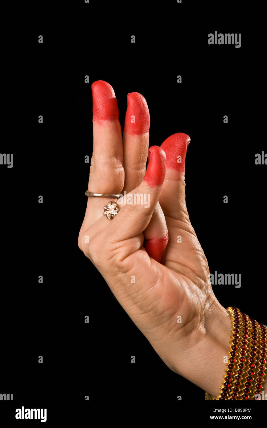 Woman hand showing Kangula hasta (meaning Tail) of indian classic dance ...