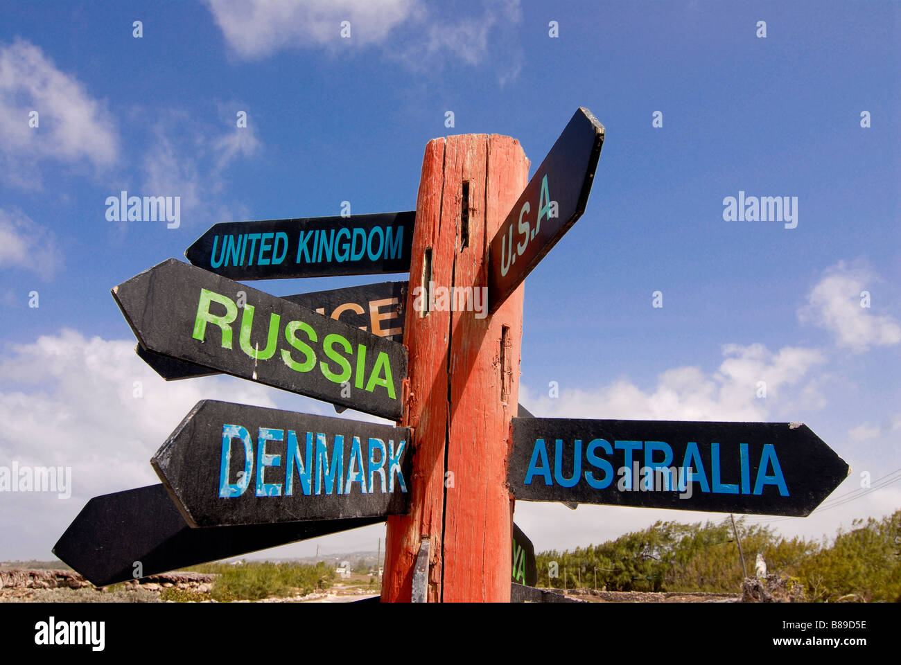 A signpost standing at Barbados showing the directions to different ...