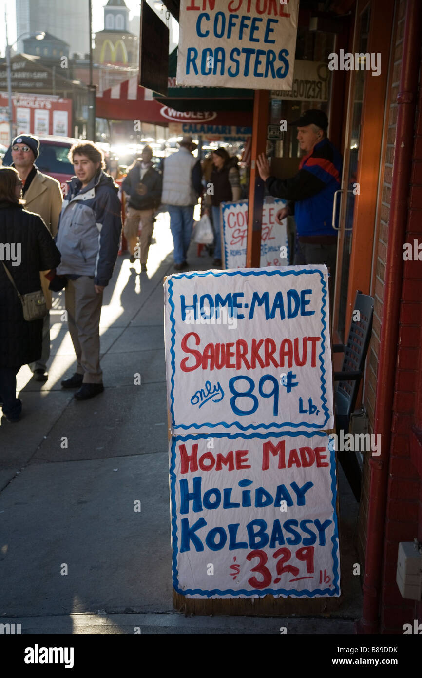 Market signs in The Strip District a busy shopping area in Pittsburgh ...