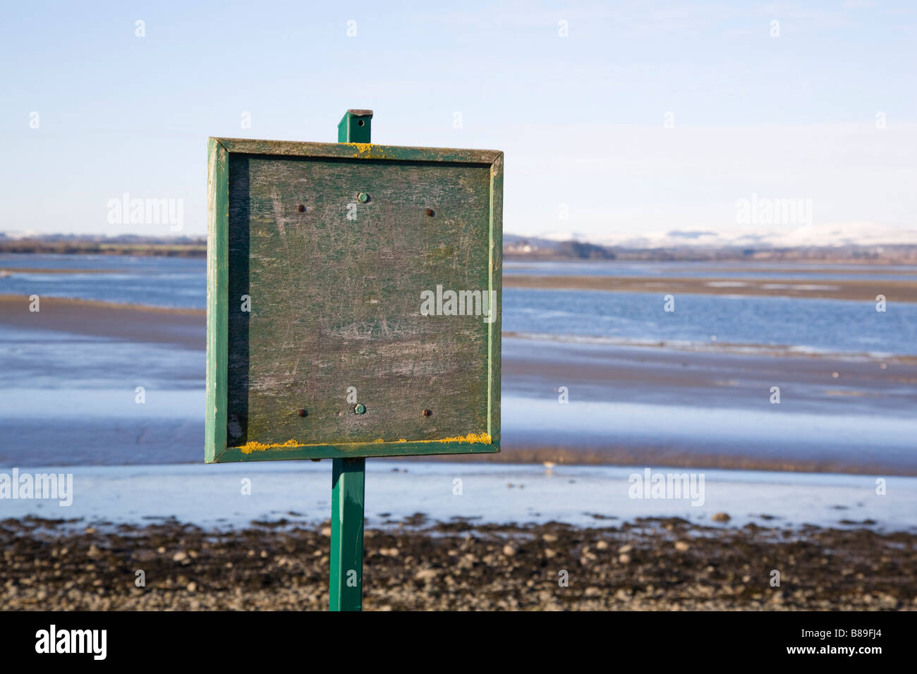 blank old wooden sign board on the waters edge. Montrose Basin, Angus ...