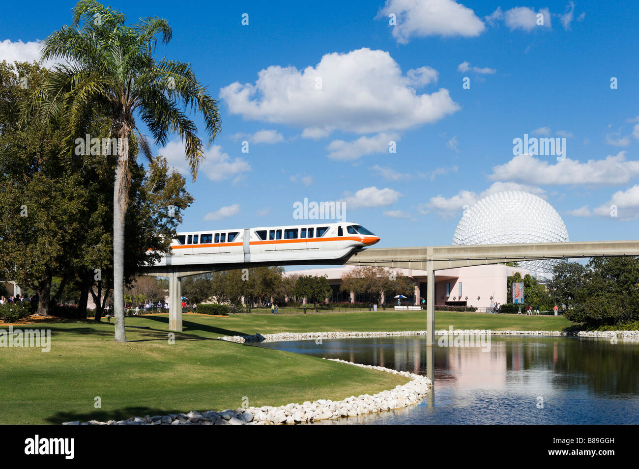 Monorail in front of the geodesic sphere of Spaceship Earth, Epcot ...