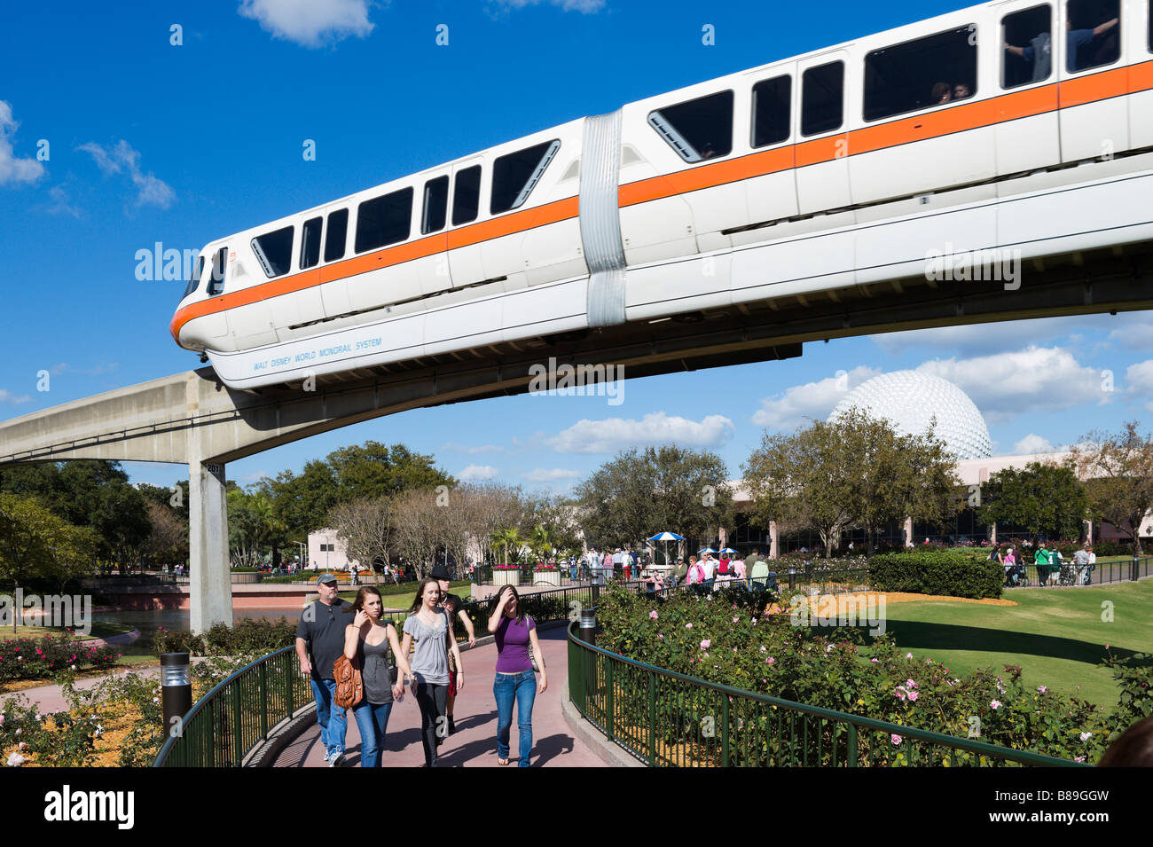 Monorail in front of the geodesic sphere of Spaceship Earth, Epcot ...
