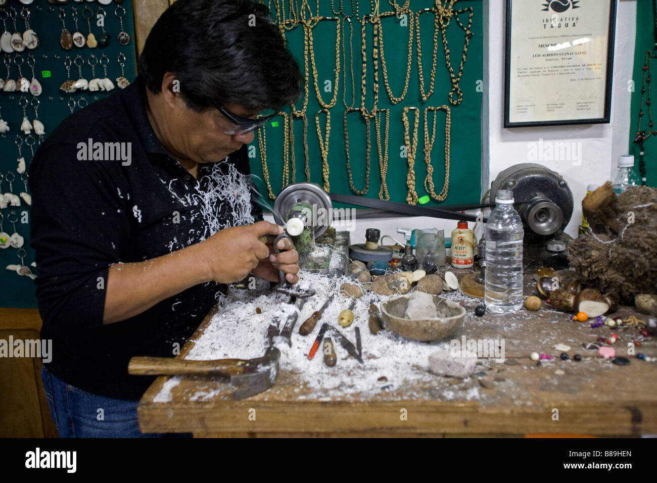 Artist work carving turning Tagua seed (Phytelephas Macrocarpa) Ivory ...