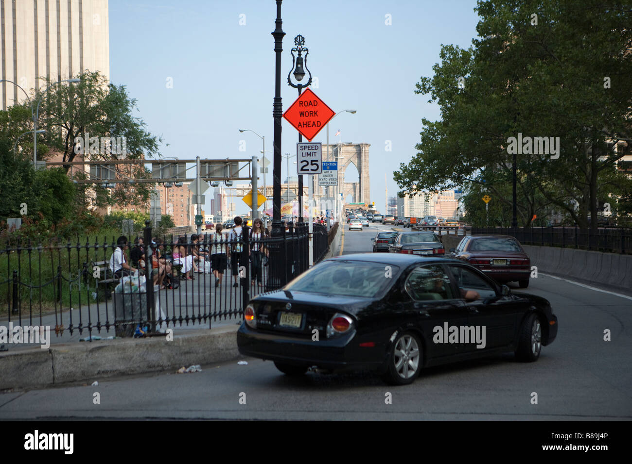 Warning traffic sign on a pole on the corner of Centre Street with ...