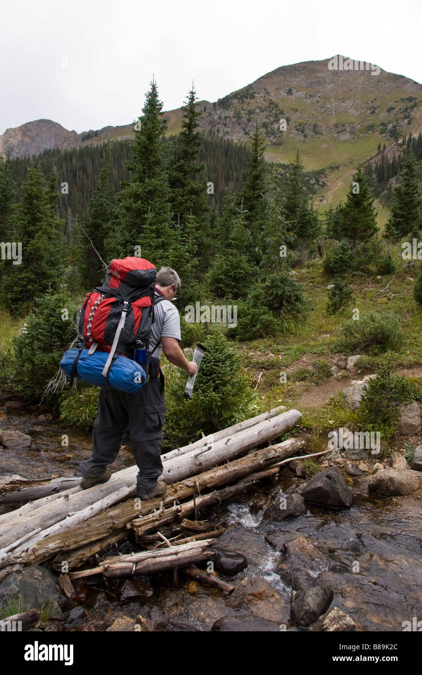 single male backpacker crossing log over stream in never summer ...