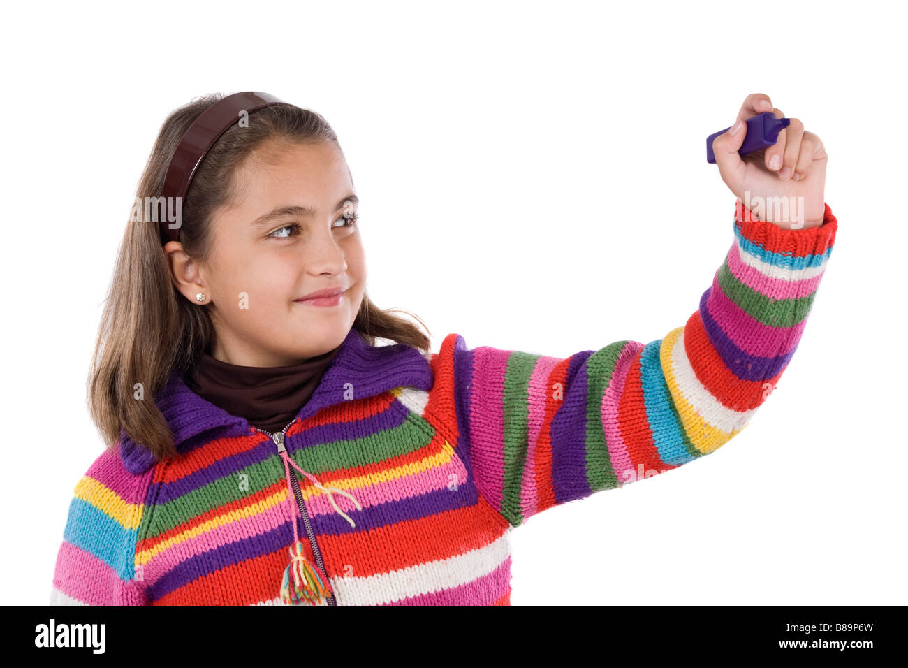 Adorable girl writing with fluorescent on a over white background Stock ...