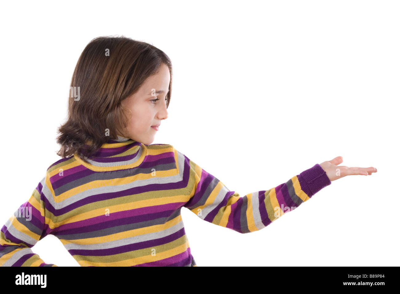 Beautiful girl with the outstretched hand on a white background Stock ...