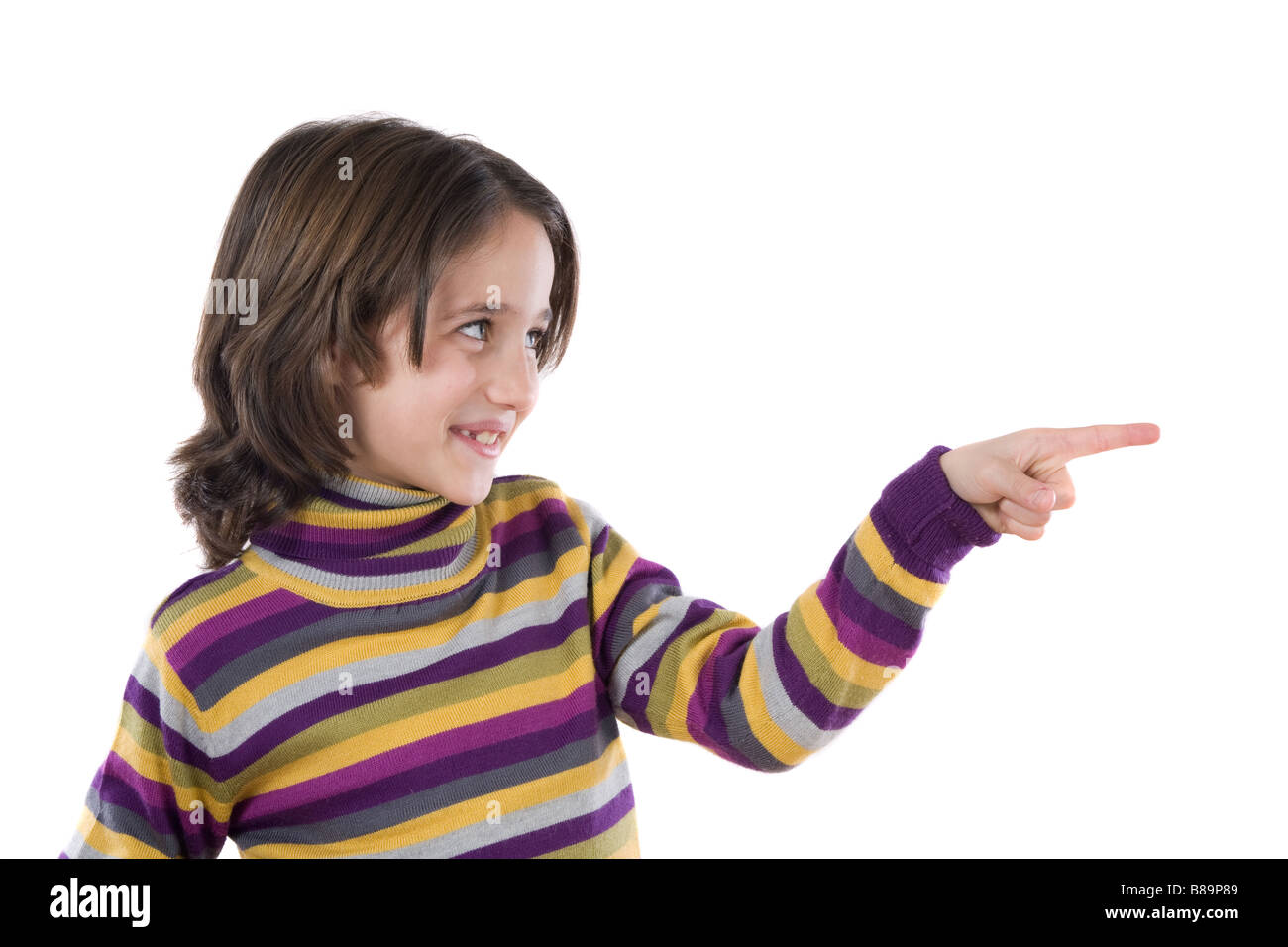Beautiful girl pointing with her finger on a white background Stock ...