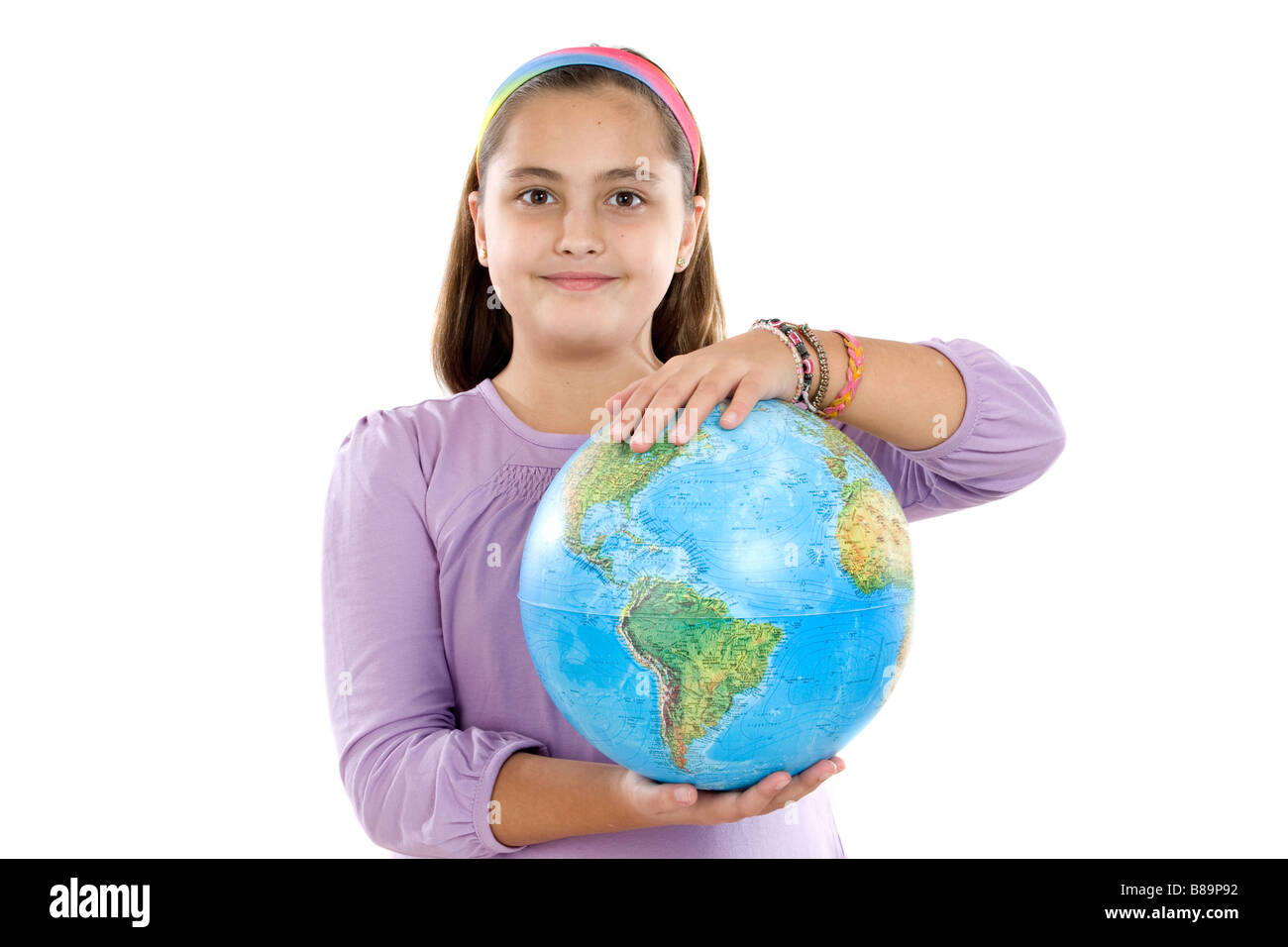Girl with a globe of the world over white background Stock Photo - Alamy
