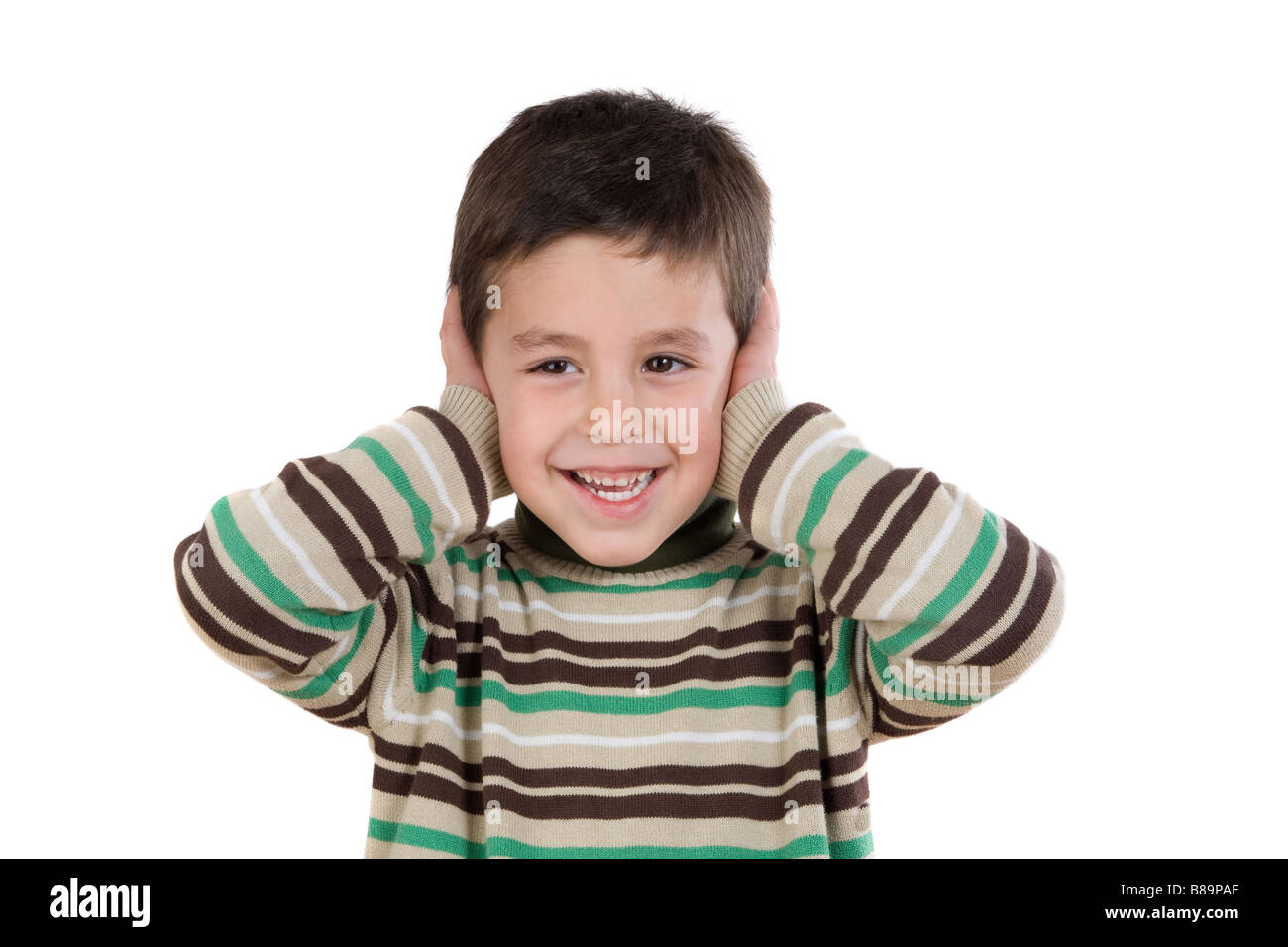 Adorable child stoppering his ears on a over white background Stock ...