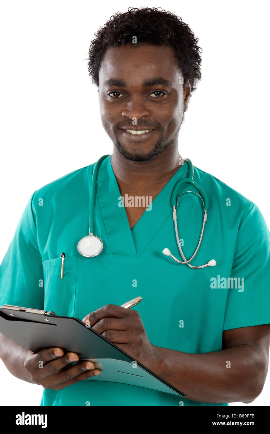 Young black doctor writing a over white background Stock Photo - Alamy