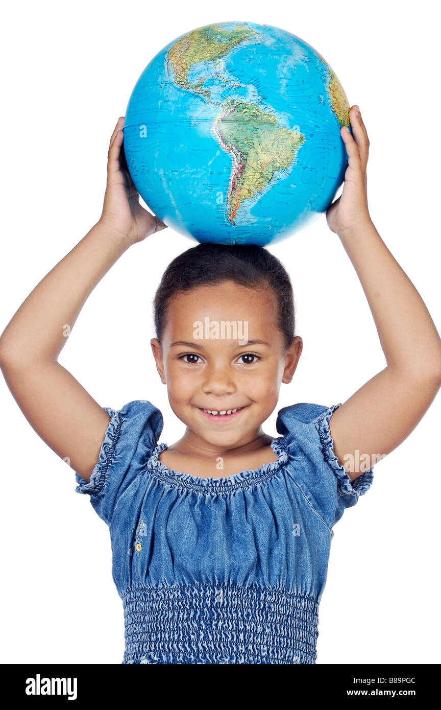 Girl with a globe of the world on her head a over white background ...