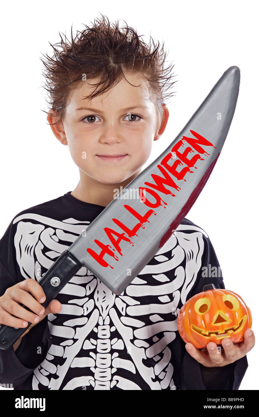 Beautiful boy dressed of skeleton in Halloween Stock Photo - Alamy
